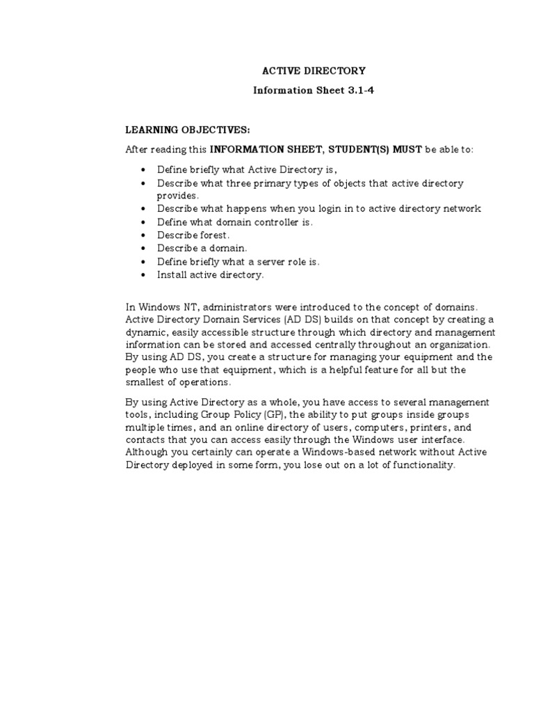 3 1 4 Installing Active Directory Pdf Active Directory Domain