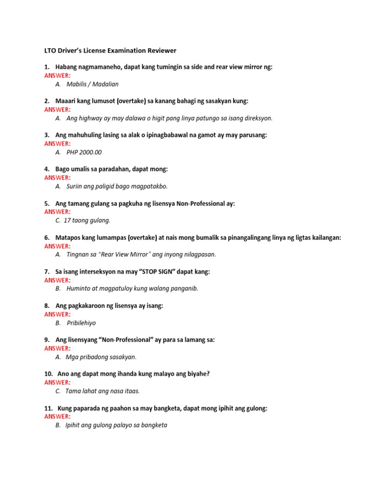 LTO Driver Exam | PDF