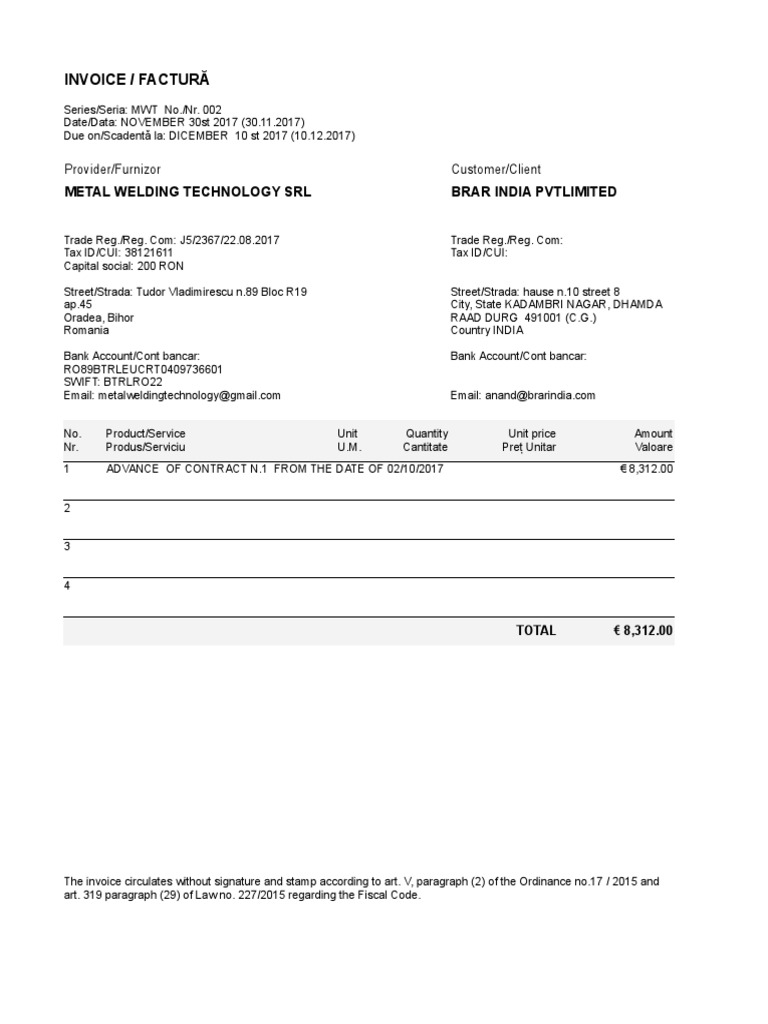 Invoice / Factură: Metal Welding Technology SRL Brar India Pvtlimited | PDF
