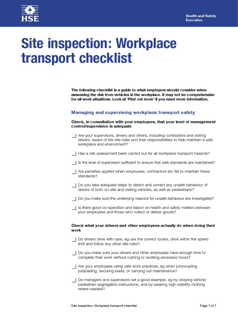 Site Inspection: Workplace Transport Checklist | PDF | Traffic ...