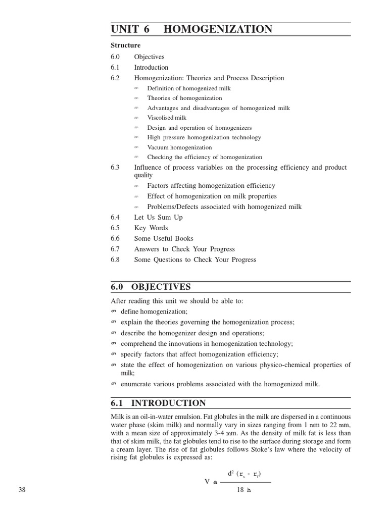 Unit 6 Homogenization: 6.0 Objectives | PDF | Milk | Liquids