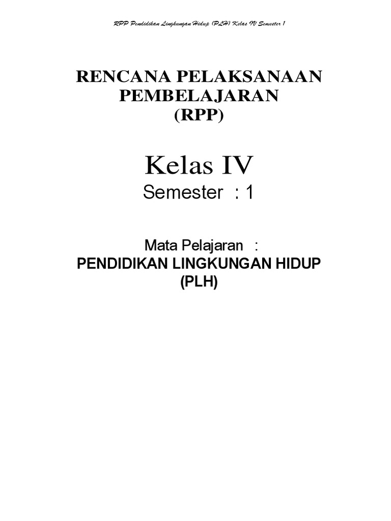 RPP PLH Kelas 4 SD Semester 1 | PDF