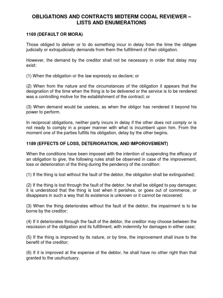 Oblicon Midterm Codal Exam Lists and Enumerations | PDF | Guarantee | Law Of Obligations