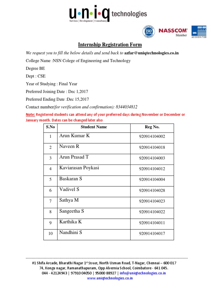 Internship Registration Form 9600114466 | PDF