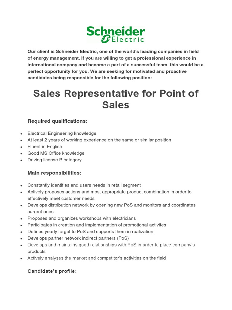Sales Representative For Point of Sales: Required Qualifications | PDF
