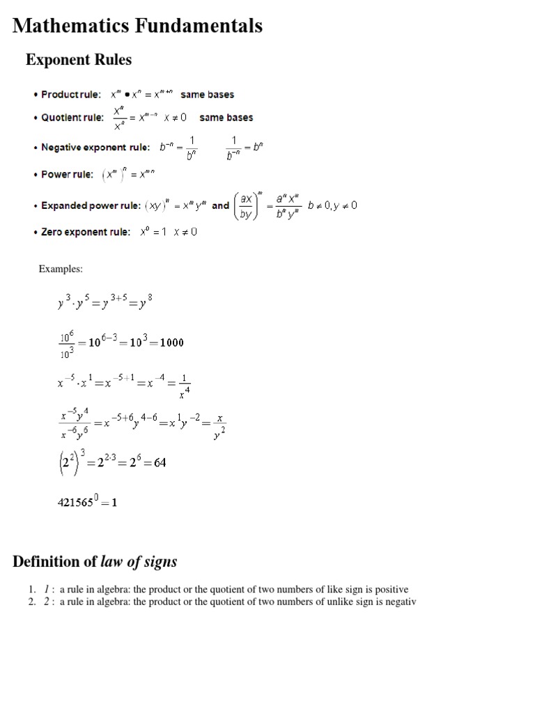 Exponent and Integer Rules Guide | PDF | Fraction (Mathematics ...