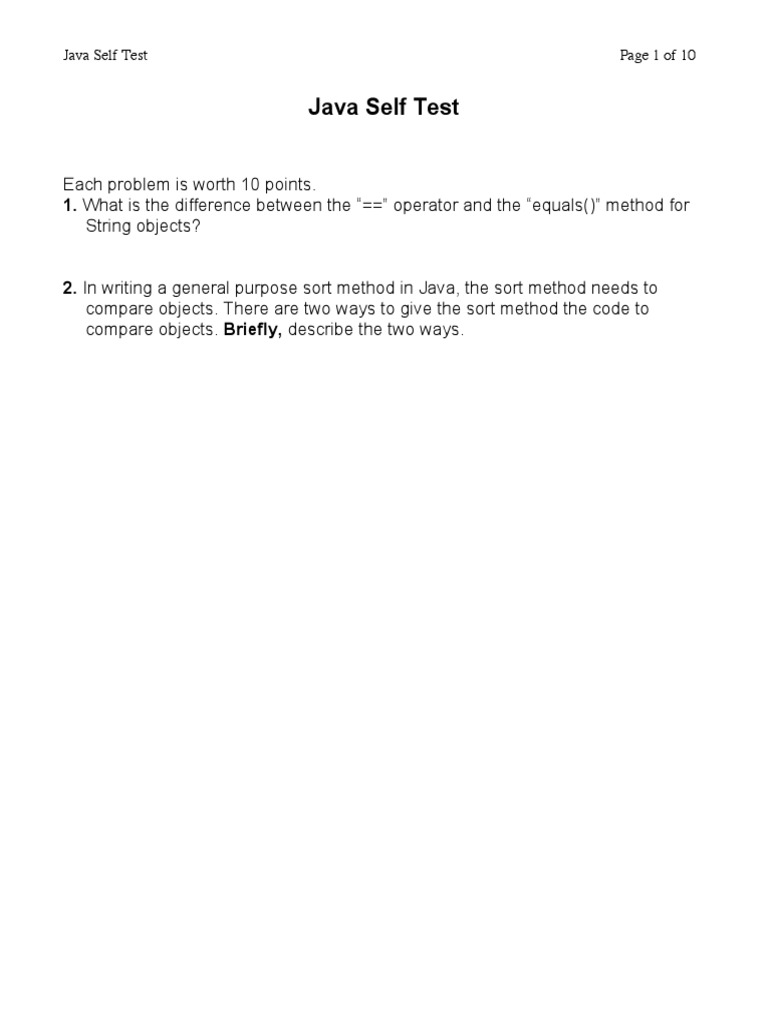 Java Self Test: Each Problem Is Worth 10 Points. String Objects? | PDF ...