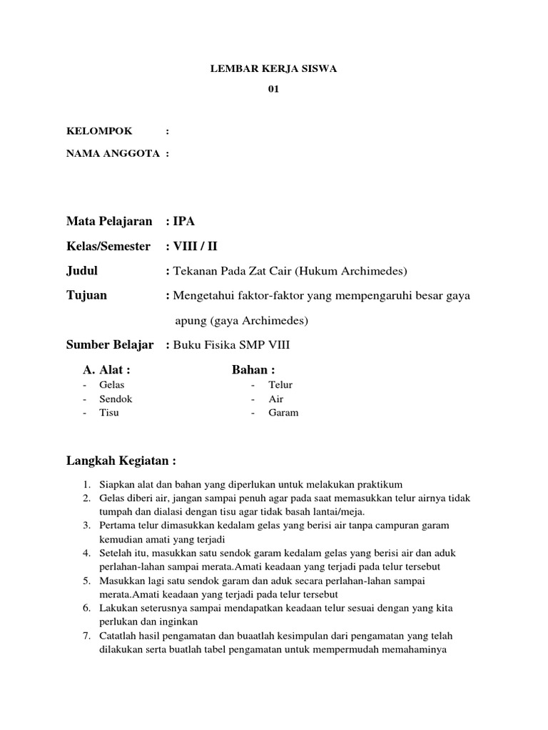 Lembar Kerja Siswa Ipa SMP | PDF