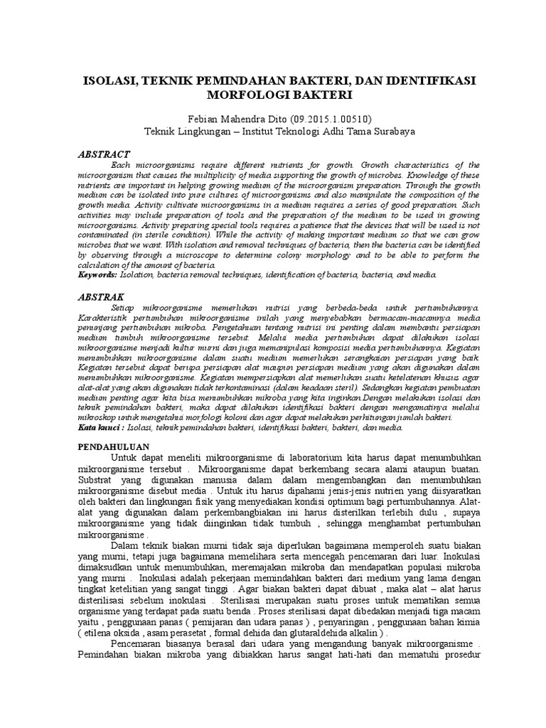 Isolasi, Teknik Pemindahan Bakteri Dan Identifikasi Bakteri | PDF
