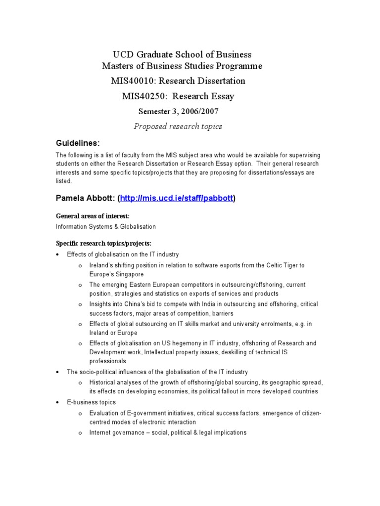 UCD Graduate School of Business Masters of Business Studies Programme ...