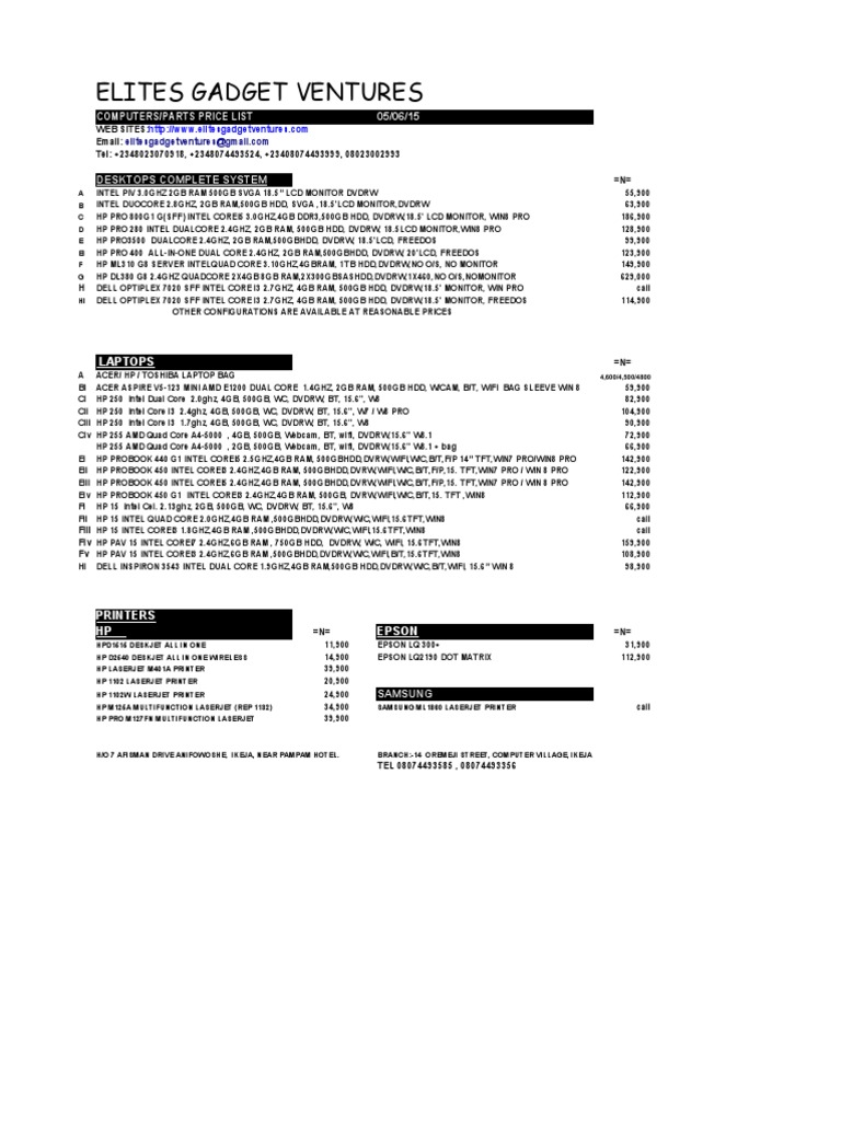 Elites Gadget Ventures Computer Parts Price List | PDF | Laptop ...