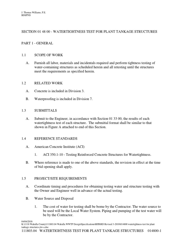 Watertightness Test For Plant Tankage Structures | PDF | Geotechnical ...