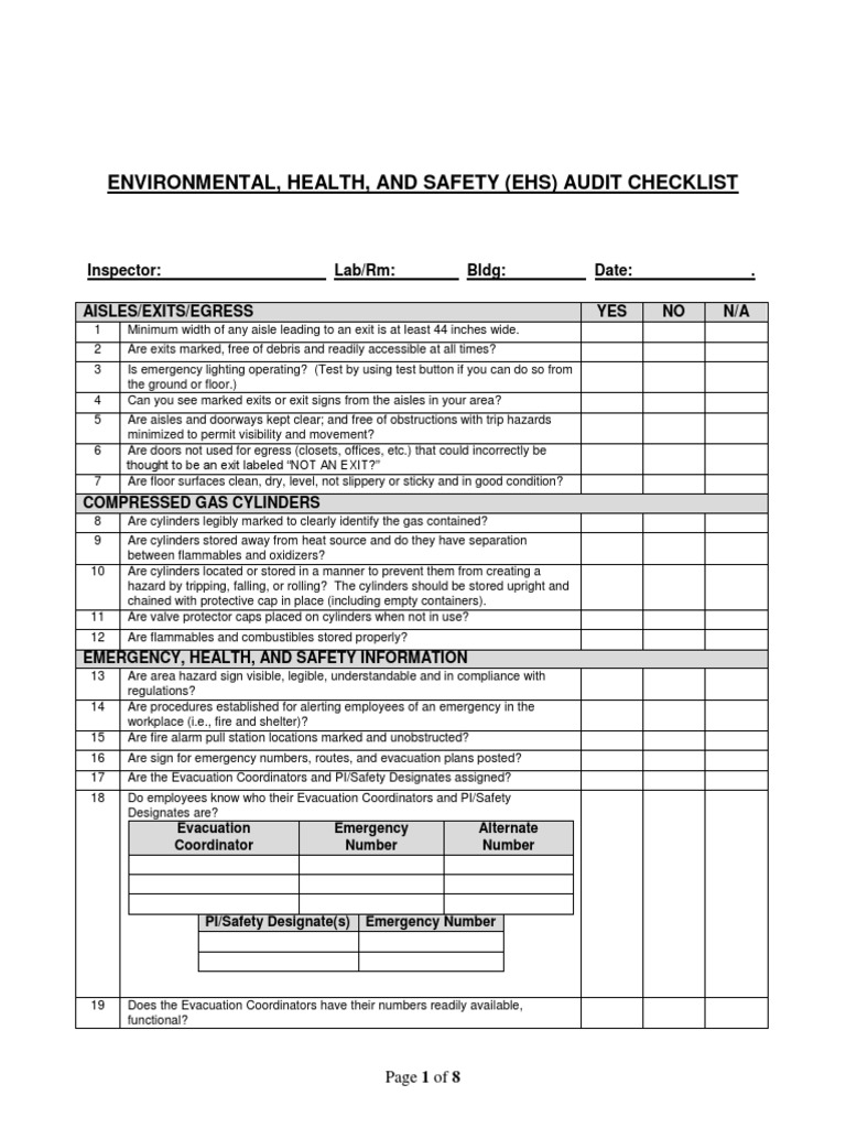 Environmental, Health, and Safety (Ehs) Audit Checklist | PDF ...