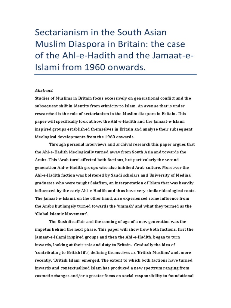 Sectarianism in The South Asian Muslim Diaspora in Britain - The Case ...