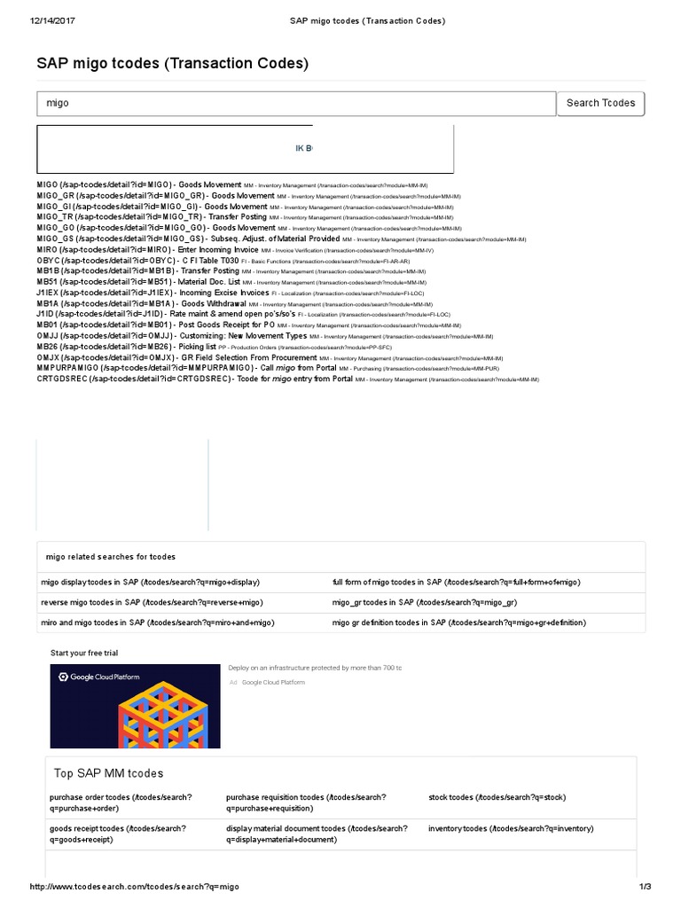 Overview of SAP MIGO Transaction Codes | PDF | Business Economics ...