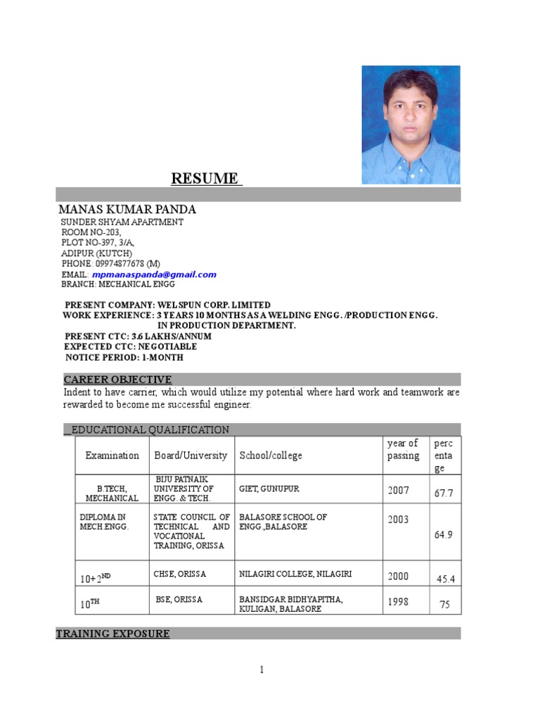 Resume: Manas Kumar Panda | Download Free PDF | Pipe (Fluid Conveyance) | Welding