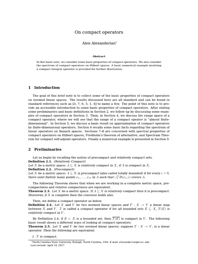On Compact Operators | PDF | Operator (Mathematics) | Functional Analysis
