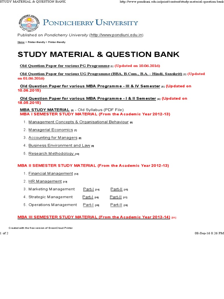 Study Material & Question Bank | PDF | Master Of Business ...