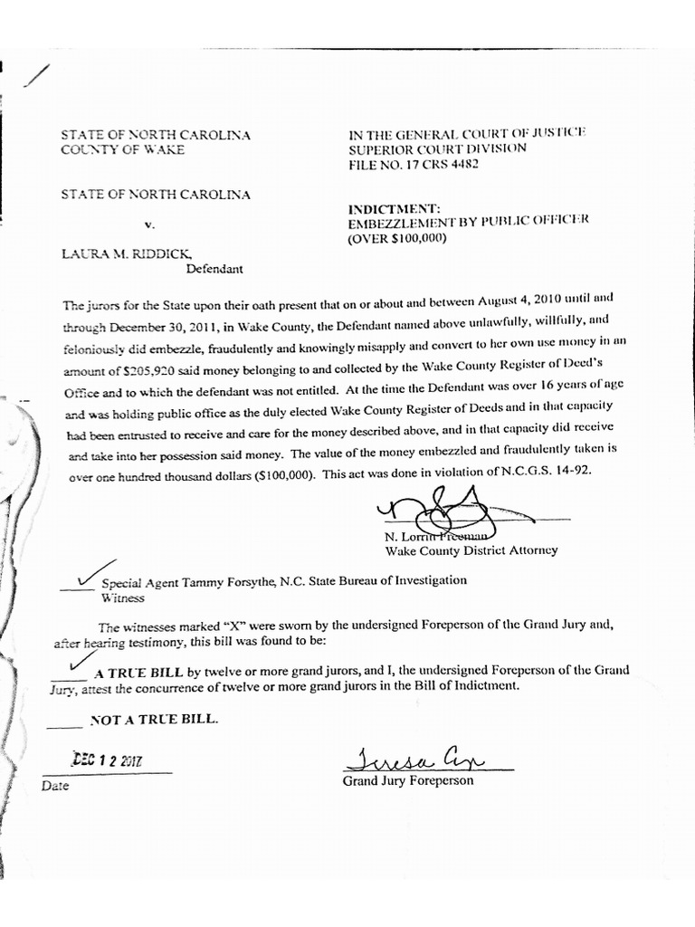 Laura Riddick - Register of Deeds - Wake County Indictment | PDF