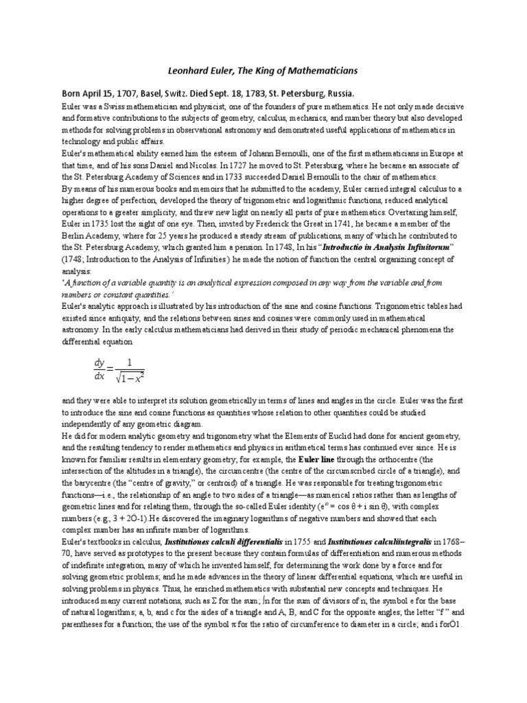 Leonhard Euler The King Of Mathematicians Pdf Trigonometric