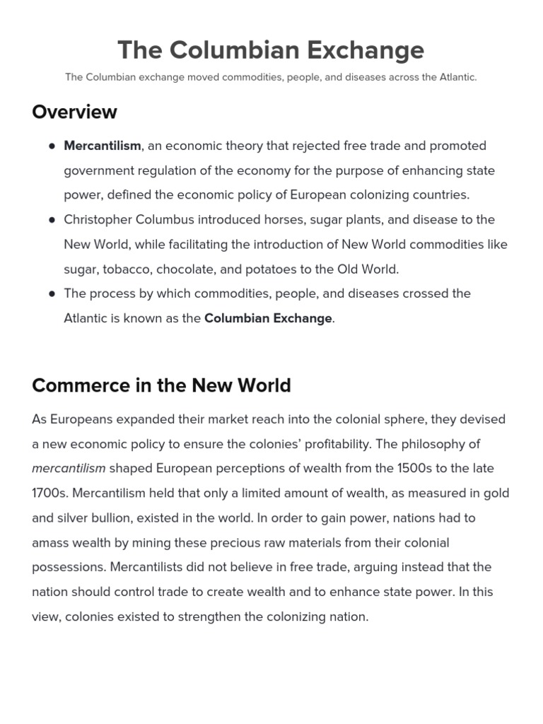 The Columbian Exchange | PDF | Sugarcane | Mercantilism
