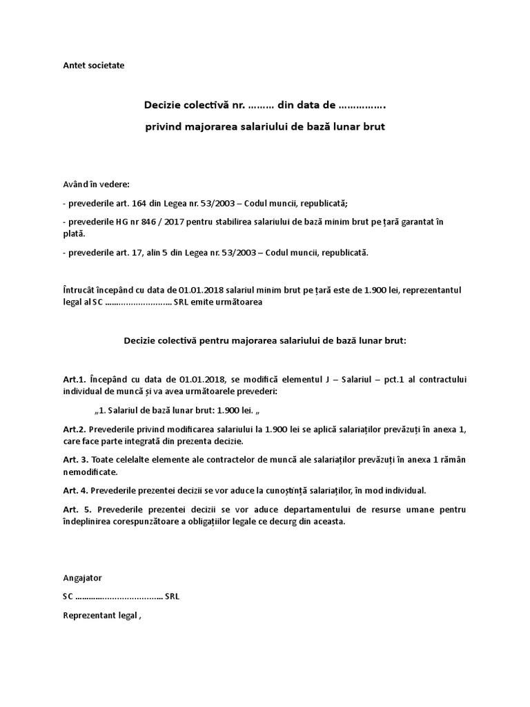 Model Decizie Colectiva Majorare Salariu Minim Brut Ian2018
