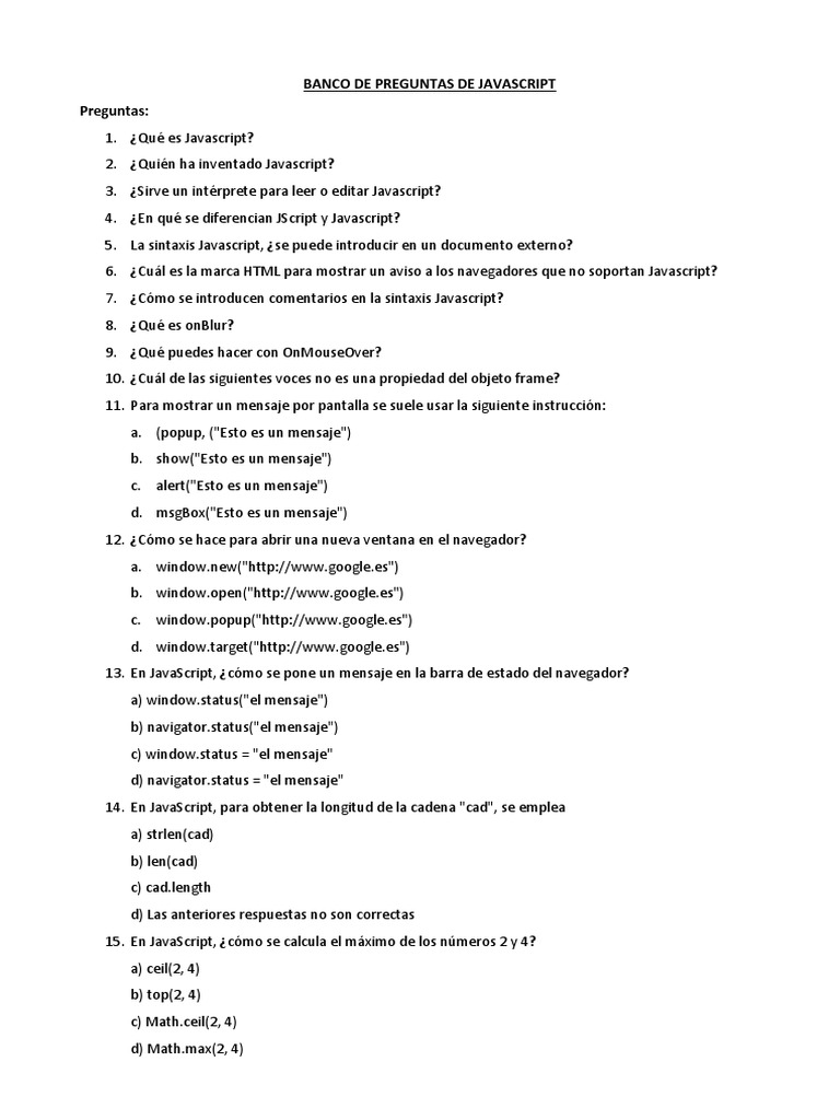 Cuestionario de Javascript | PDF | Script Java | Desarrollo web