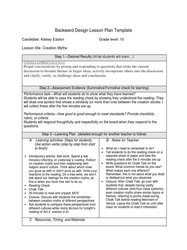 Backward Design Lesson Plan Template: Candidate: Kelsey Easton Grade ...