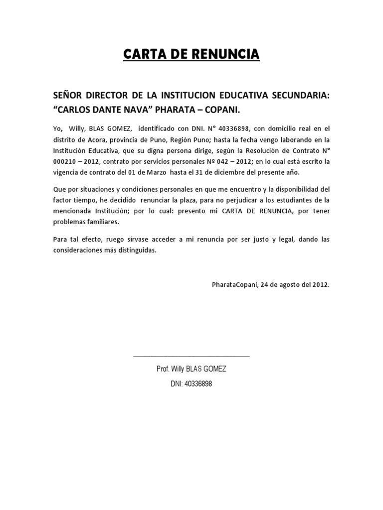 Carta de Renuncia de Willy Blas Gómez | PDF | Ciencias sociales ...