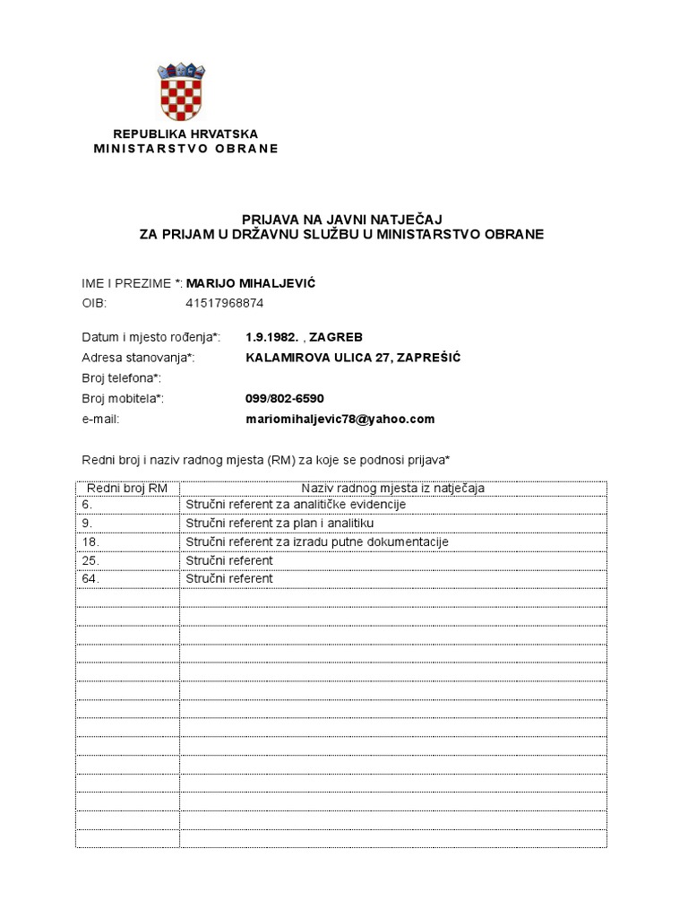 Obrazac - Prijave - Na - Javni - Javni - Natjecaj - 09092017 | PDF