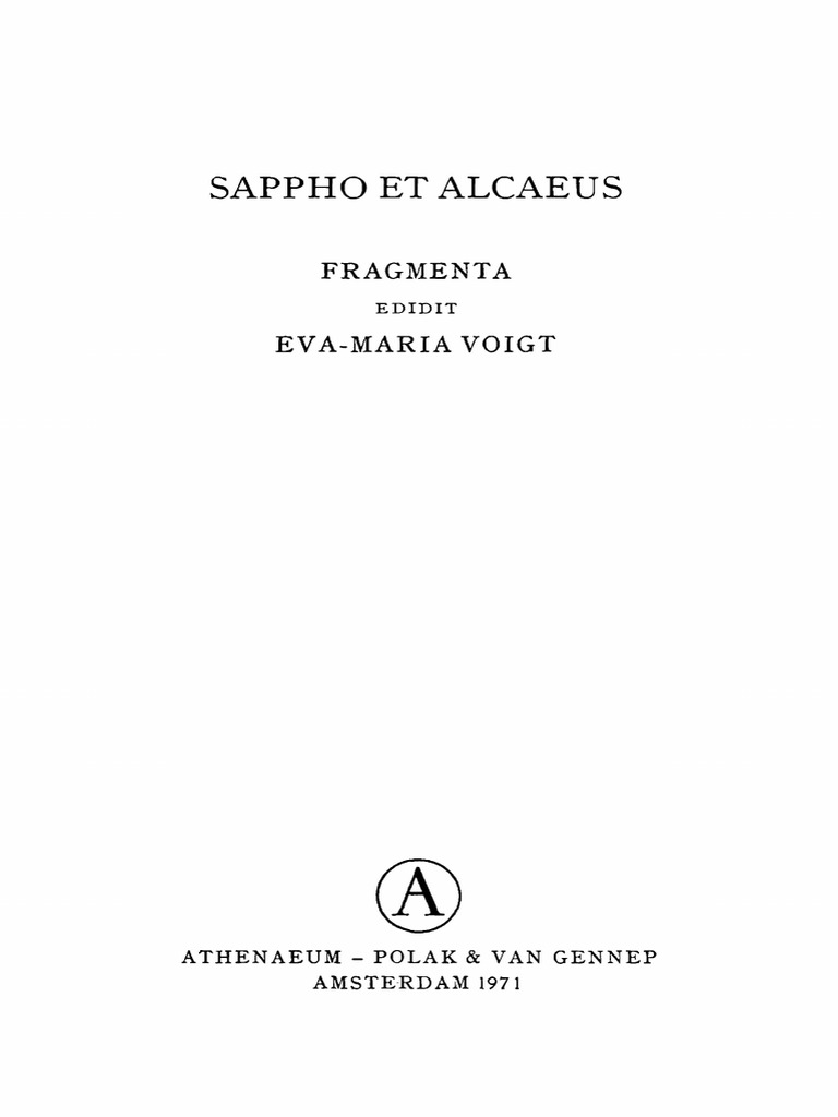 Voigt, Eva-Maria (Ed.) - Sappho Et Alcaeus. Fragmenta-Athenaeum - Polak ...