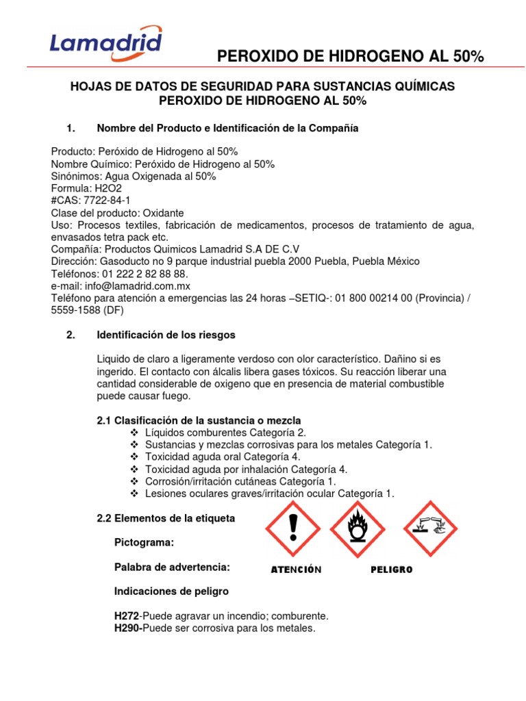 MSDS Peroxido 2017 | PDF | Peróxido de hidrógeno | Agua