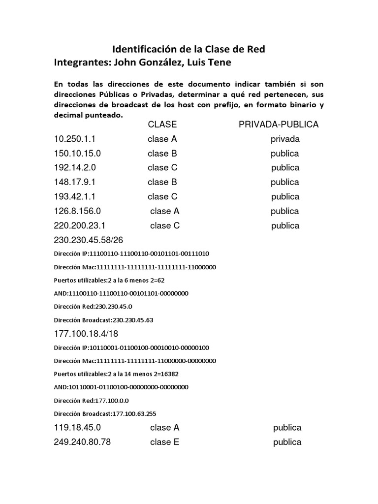 Identificación de La Clase de Red | PDF | Dirección IP | Protocolos de ...