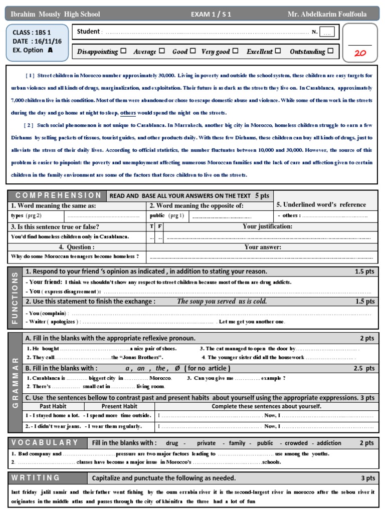 1 Bac EXAM 1 - S1 2016 - A & B PDF | PDF