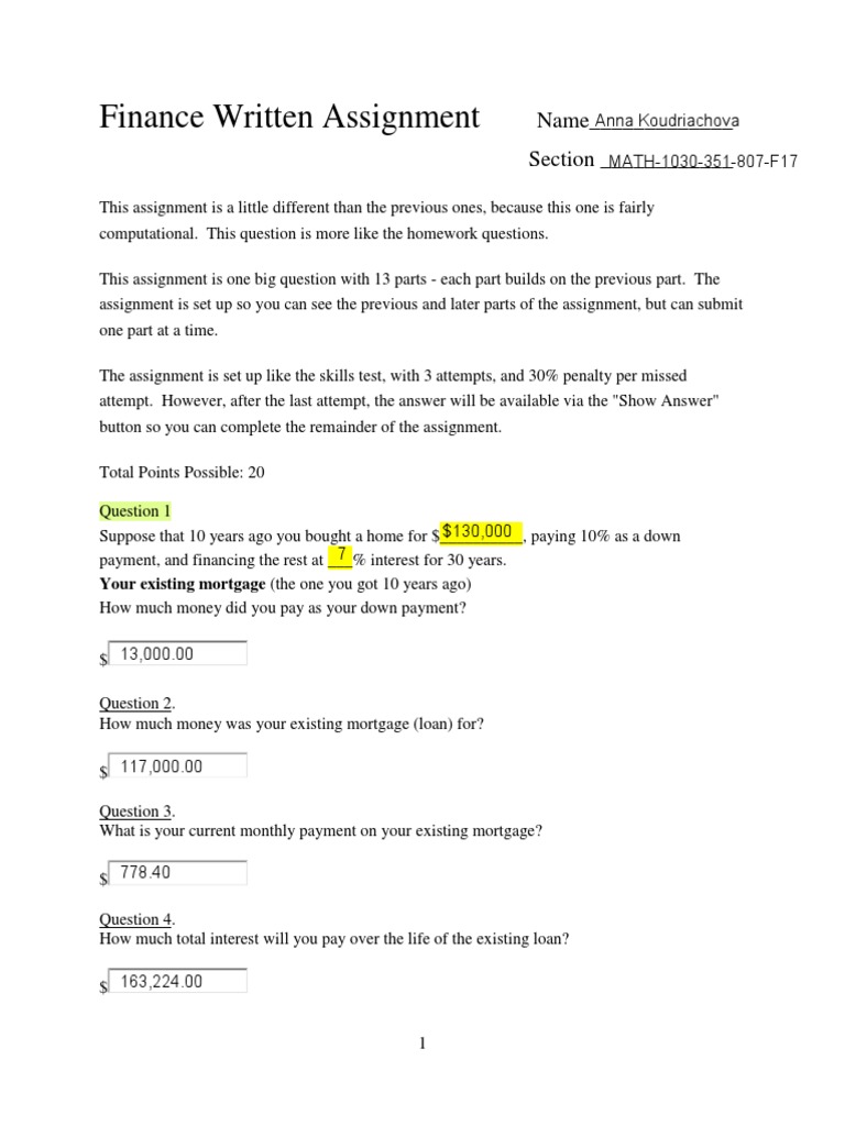 Finance Written Assignment | Refinancing | Personal Finance