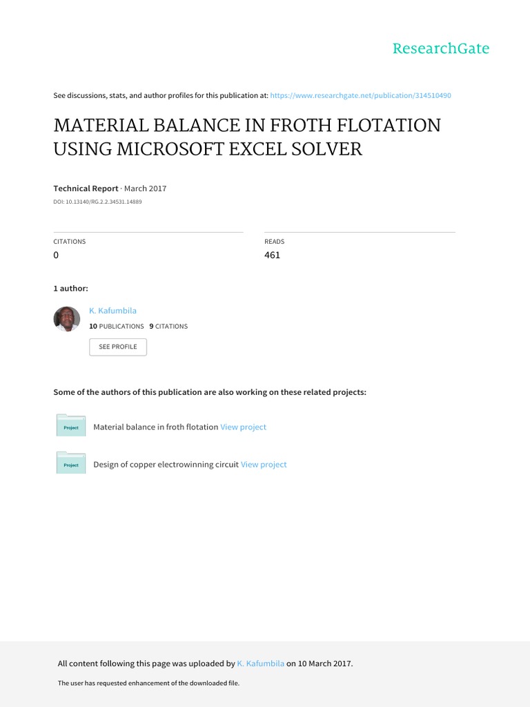 Material Balance in Froth Flotation | PDF | Microsoft Excel | Nature