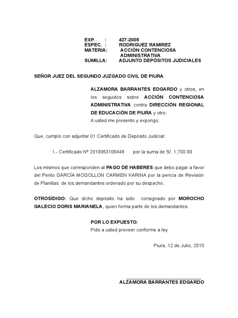 Modelo de Escrito Adjuntando Deposito Judicial | Descargar gratis PDF | Gobierno | Justicia