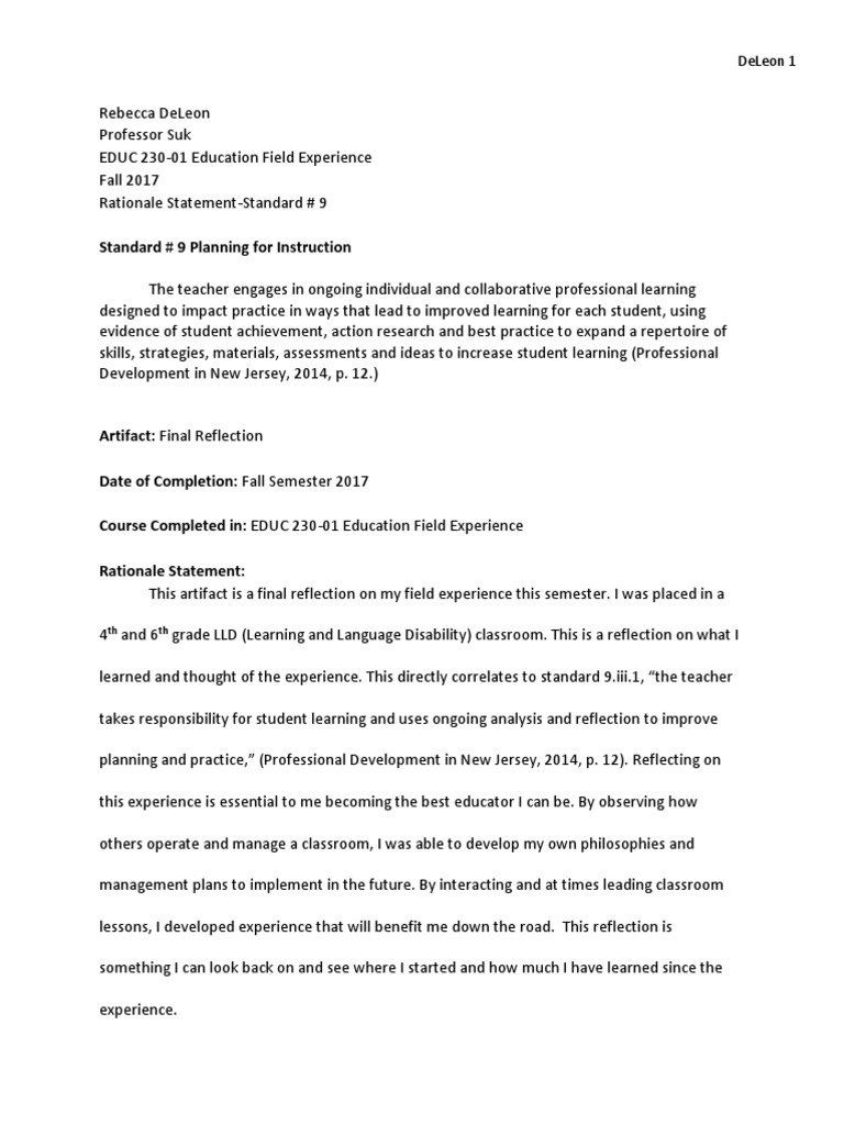 Rationale Statement Final Reflection Standard 9 | PDF | Classroom ...