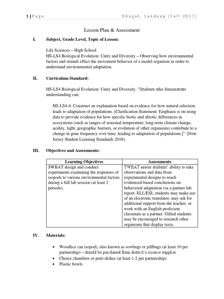 Lesson Plan Assessment - hs-ls4-4 | PDF | Experiment | Educational ...