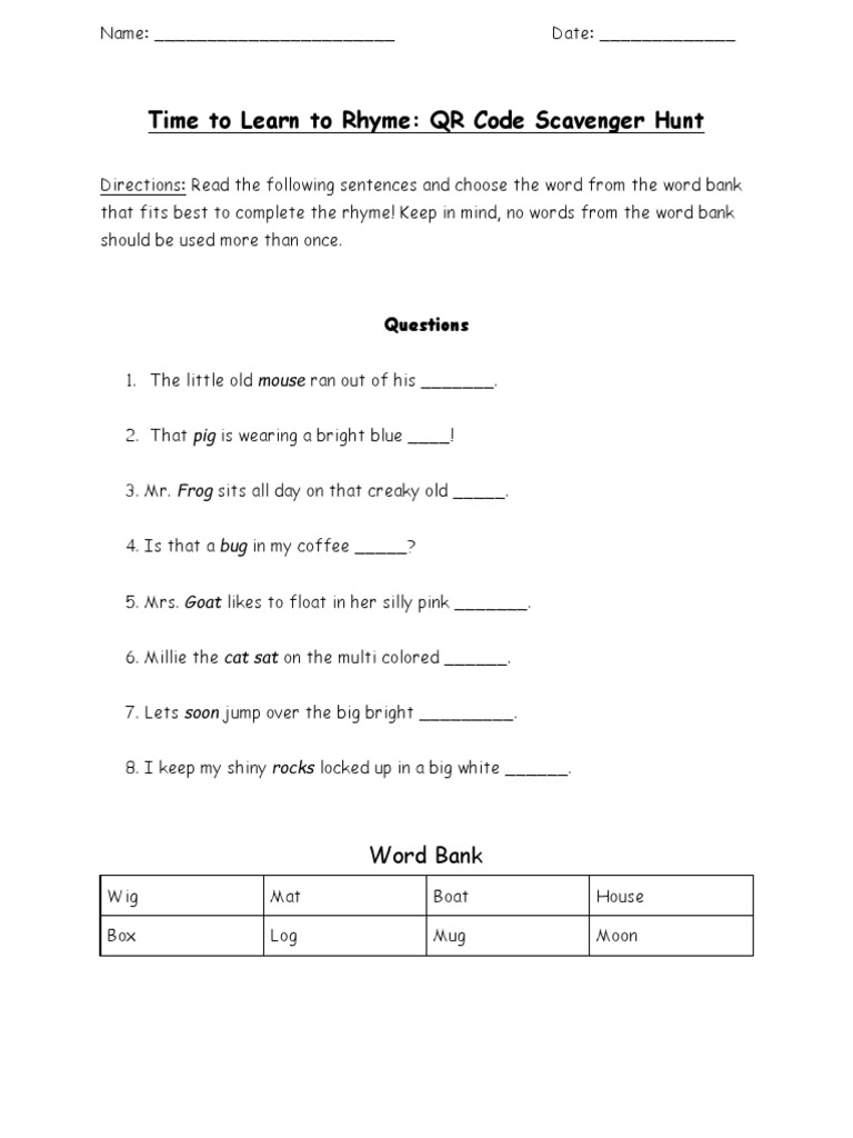 Time To Learn To Rhyme: QR Code Scavenger Hunt: Questions | PDF ...