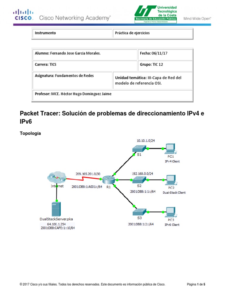 7.3.2.9 Packet Tracer - Troubleshooting IPv4 and IPv6 Addressing | Descargar gratis PDF ...