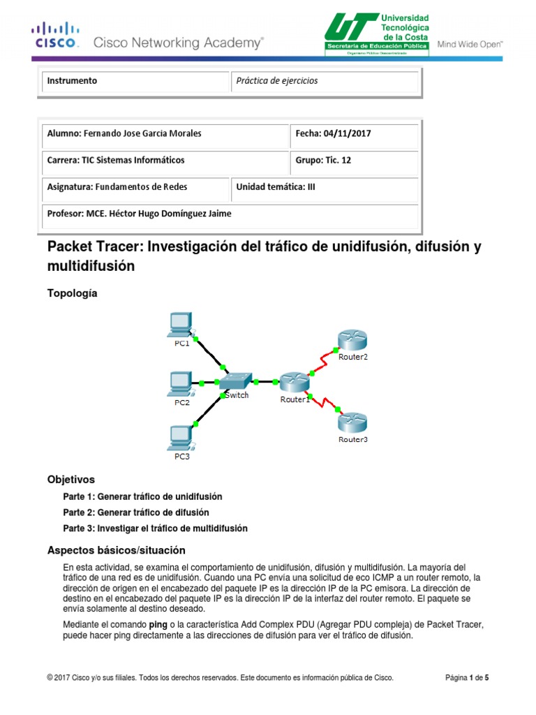 7.1.3.8 Packet Tracer - Investigate Unicast, Broadcast, and Multicast Traffic | PDF | Enrutador ...
