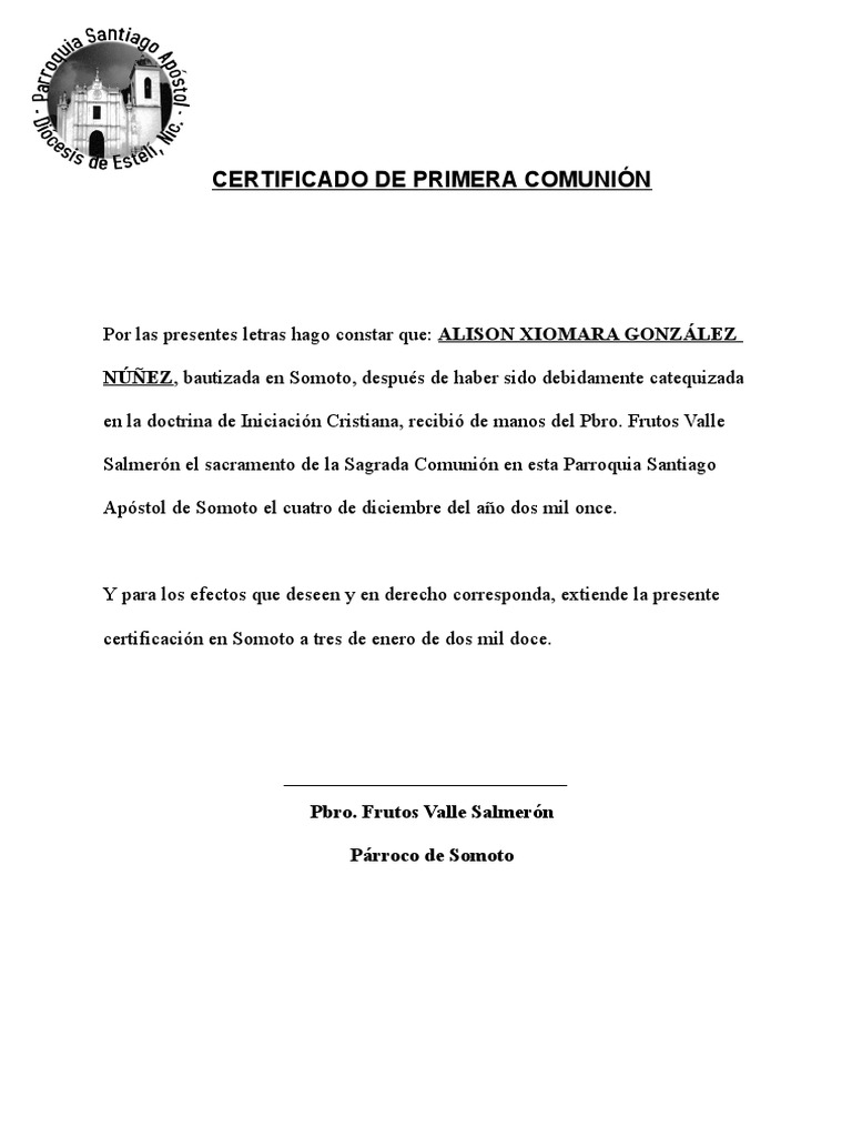 Certificado de Primera Comunion | PDF
