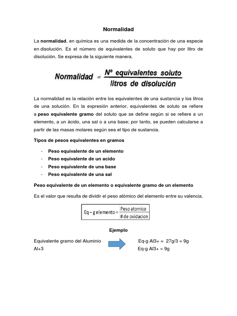 Cálculo de Normalidad en Química | PDF | Concentración | Sal (química)