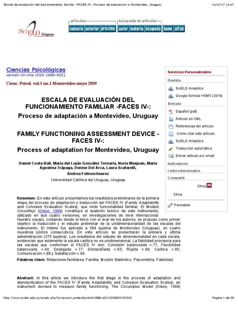 Escala de Evaluación Del Funcionamiento Familiar - FACES IV-: Proceso de Adaptación A Montevideo ...