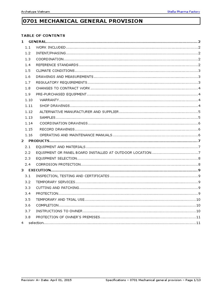 0701 Mechanical General Provision | PDF | Specification (Technical ...