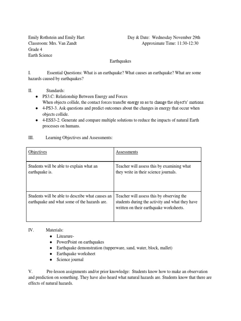 Lesson Plan - Earthquake | Educational Assessment | Earthquakes