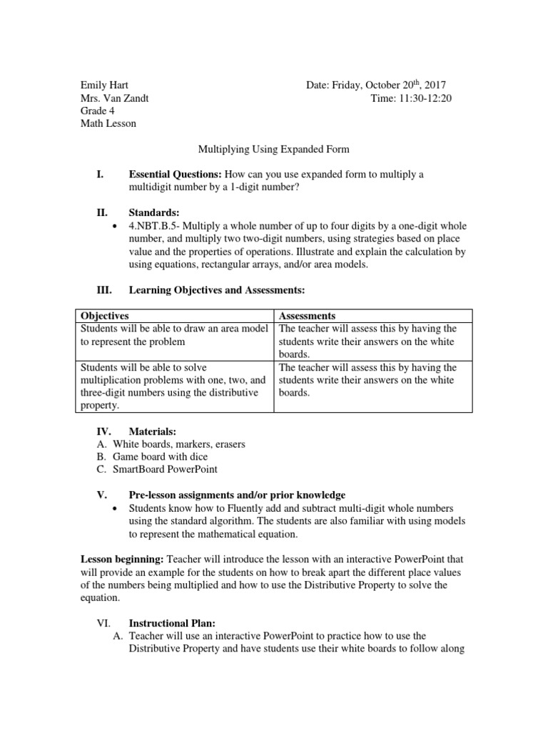Expanded Form Multiplication Lesson Plan | PDF | Multiplication ...