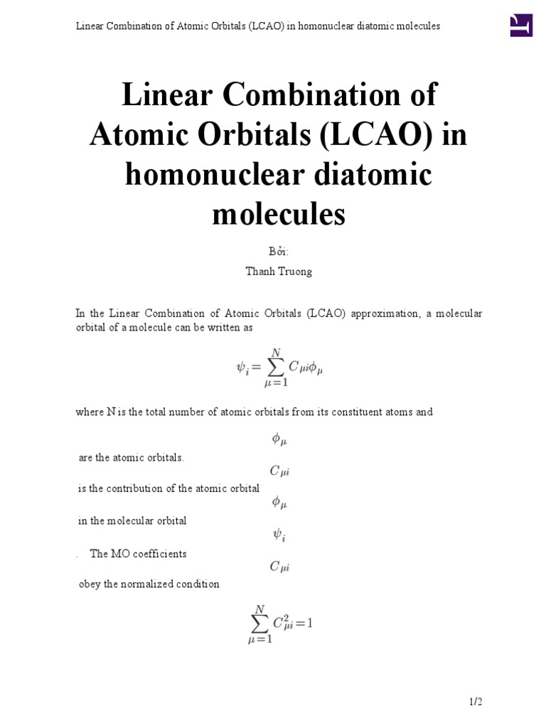 Linear Combination of Atomic Orbitals (LCAO) in Homonuclear Diatomic ...