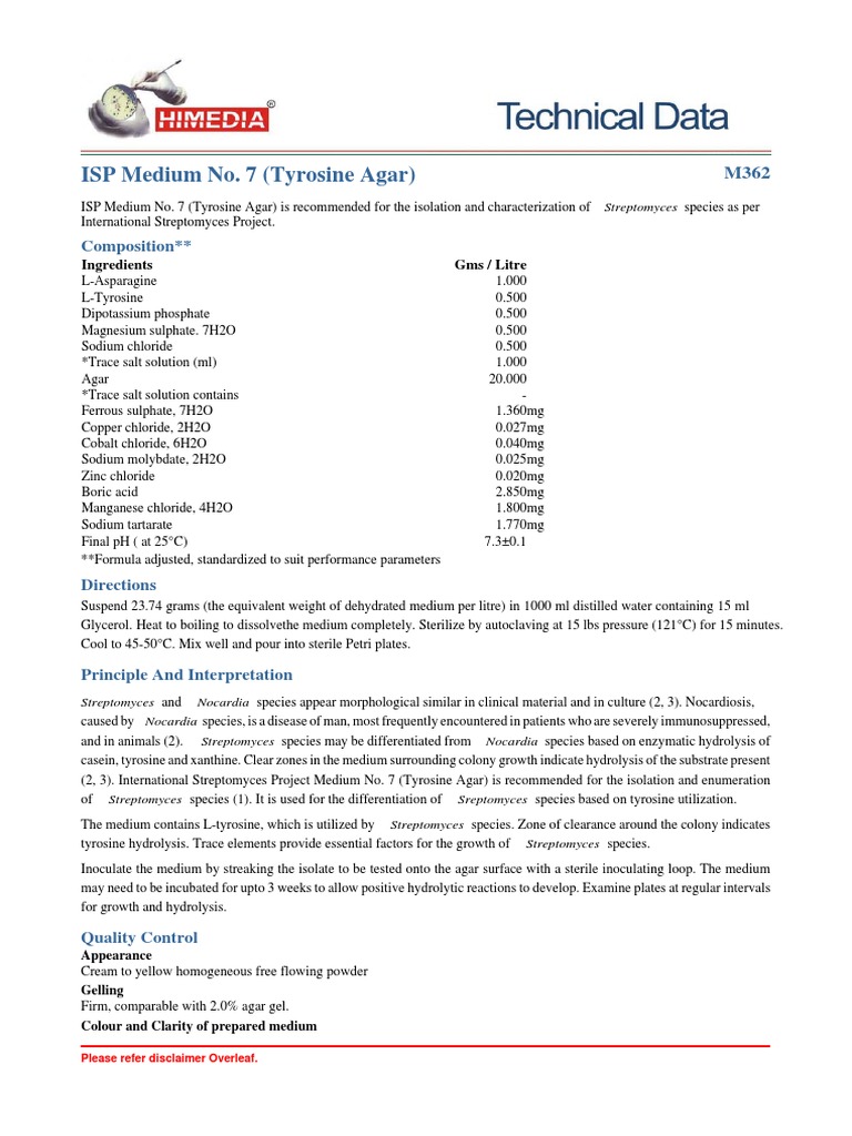 ISP Medium No 7 (Tyrosine Agar Base) - Himedia | PDF | Growth Medium ...